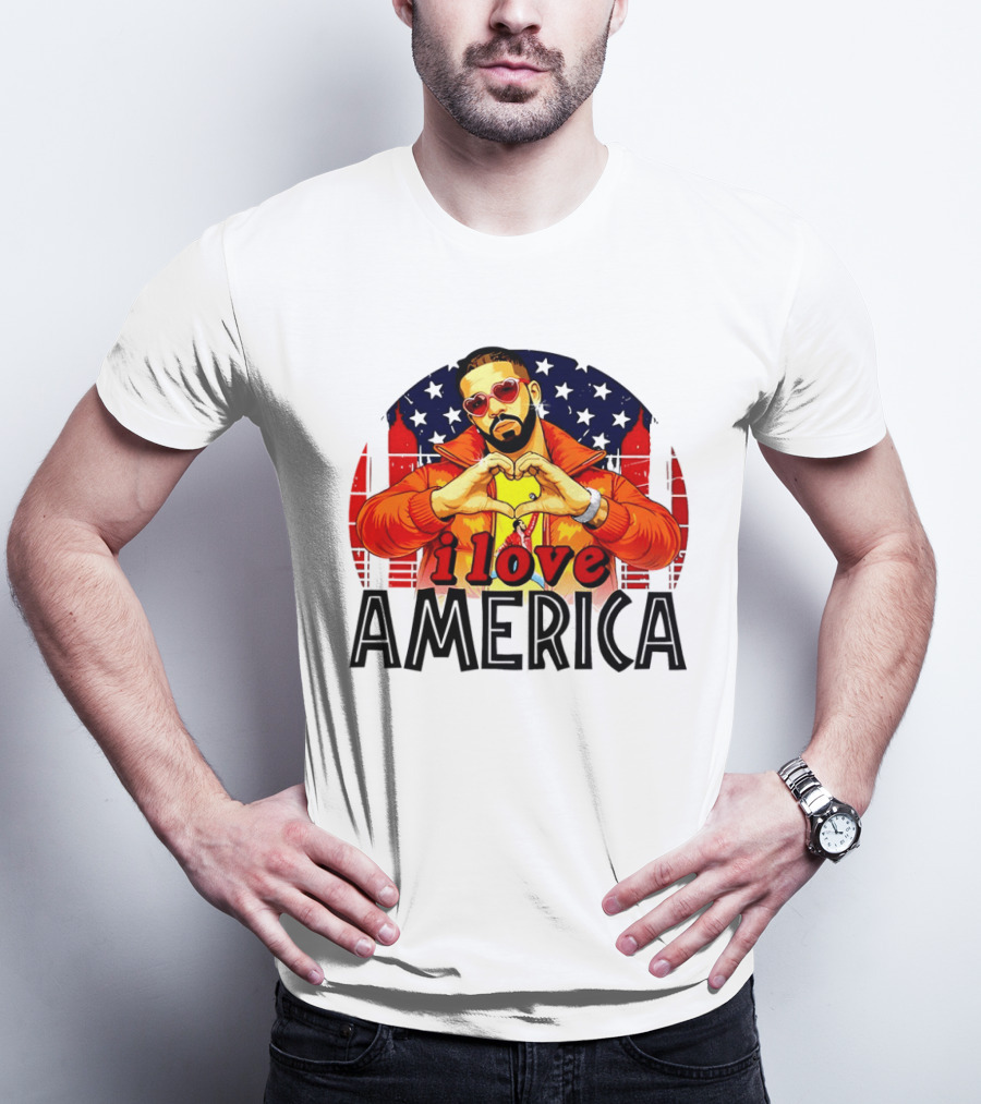 Drake I Love America Flag Heart Gesture Red Jacket Sunglasses T-Shirt