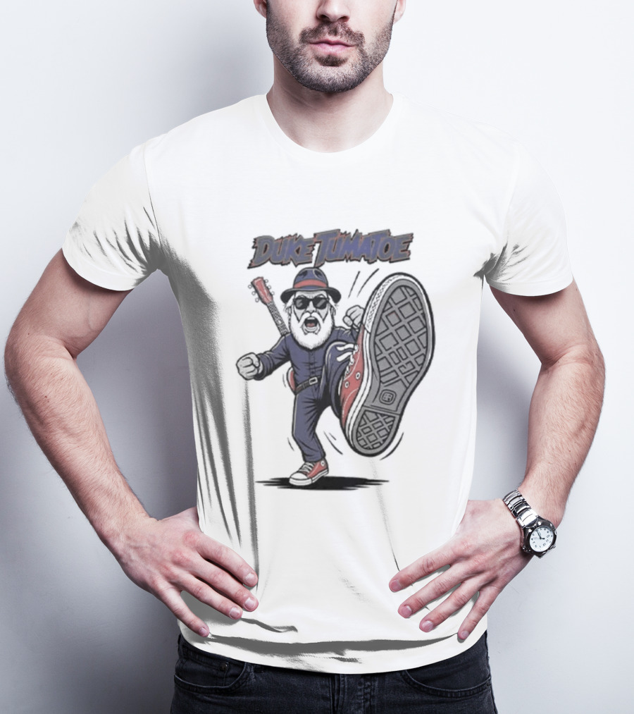 Duke Tumatoe Character Kicking Action In Blue Outfit And Red Shoes T-Shirt