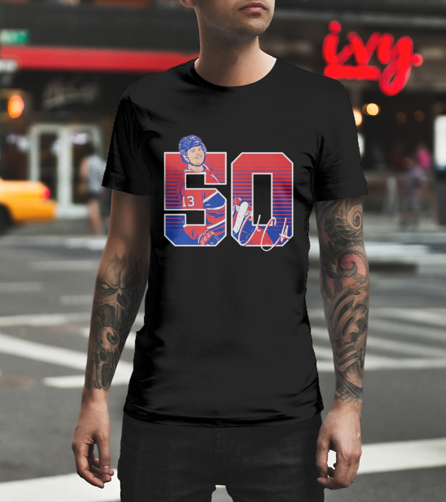 Cole Caufield 50 Goal Montreal Number 13 Hockey Player Signature T-Shirt