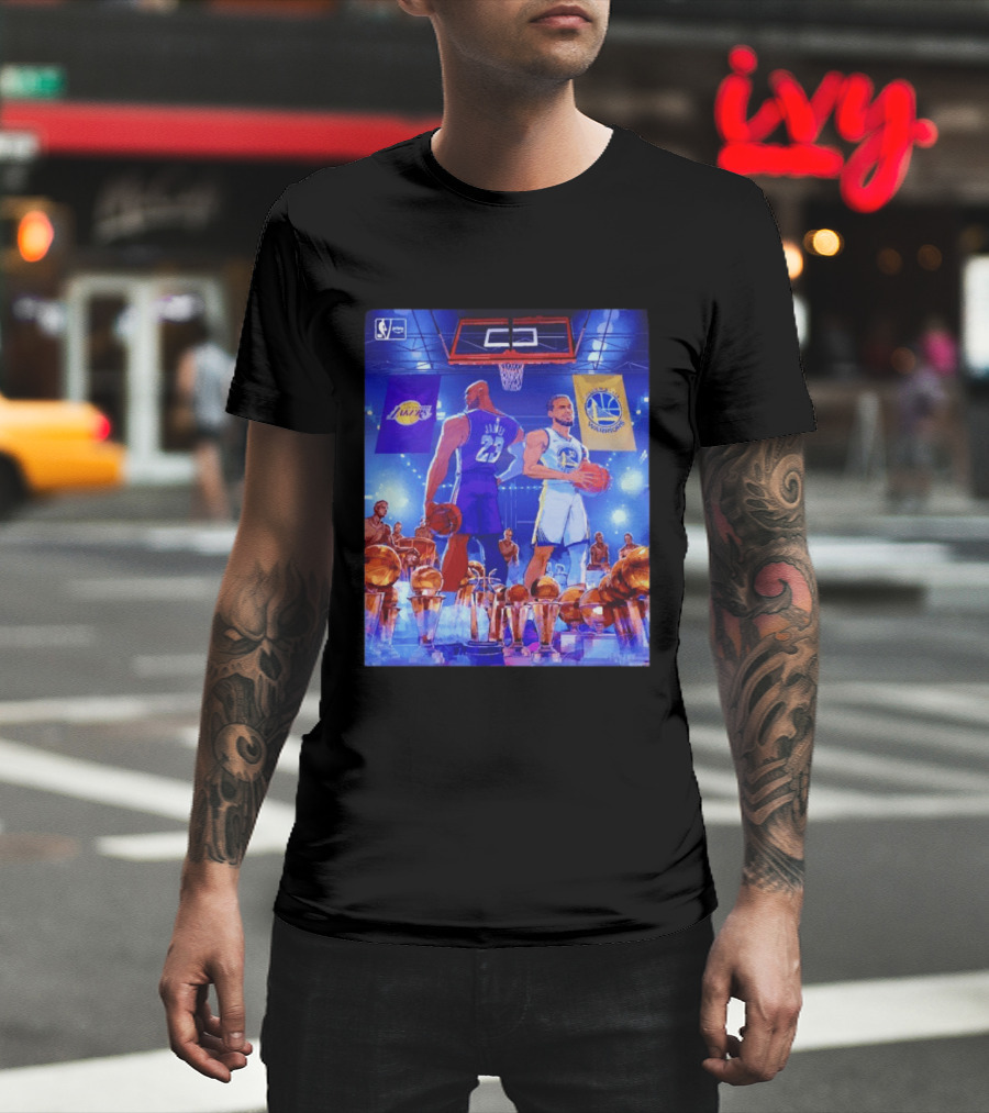 LeBron James Lakers Stephen Curry Warriors NBA Players With Championship Trophies T-Shirt