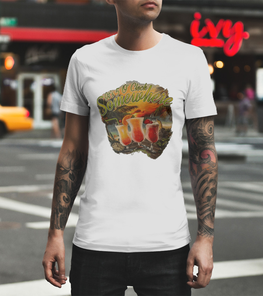 It's 5 O' Somewhere Tropical Sunset Cocktails And Palm Trees T-Shirt