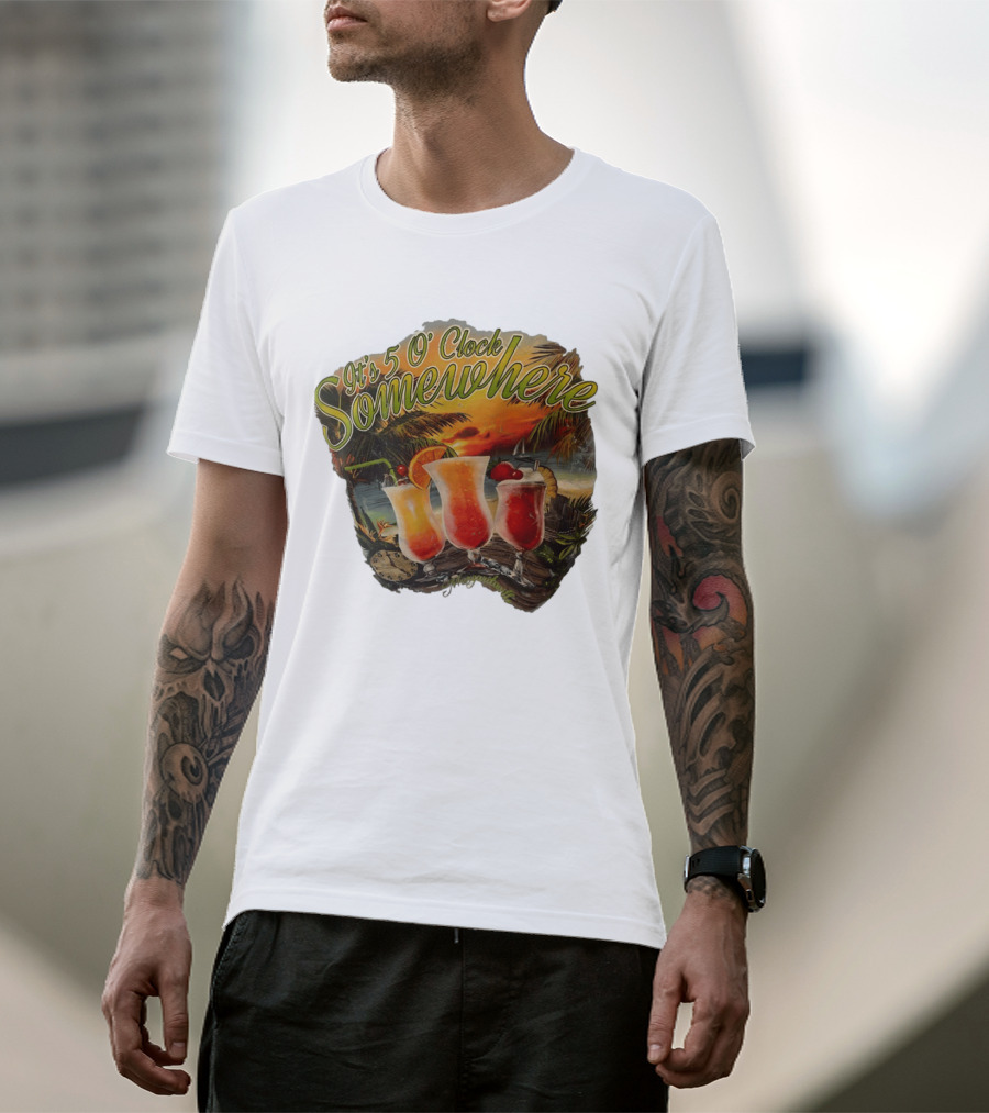 It's 5 O' Somewhere Tropical Sunset Cocktails And Palm Trees T-Shirt