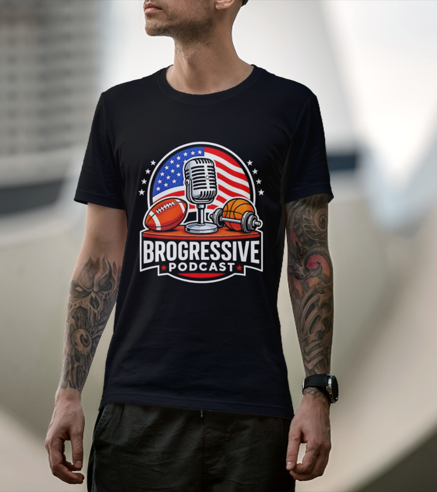 Brogressive Podcast American Flag Microphone Football Dumbbell Stars T-Shirt