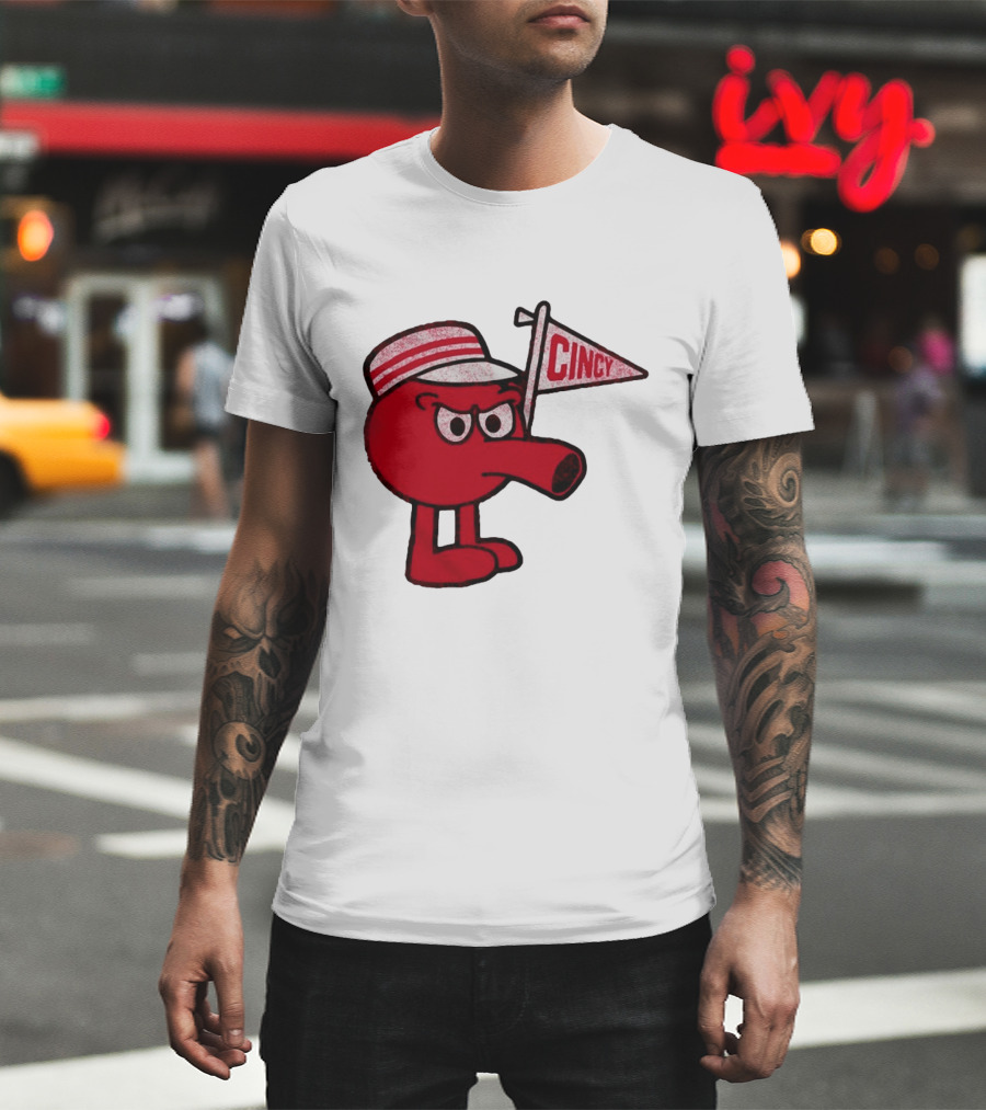 Cincy Redbert Cartoon Character With Striped Hat And Flag T-Shirt