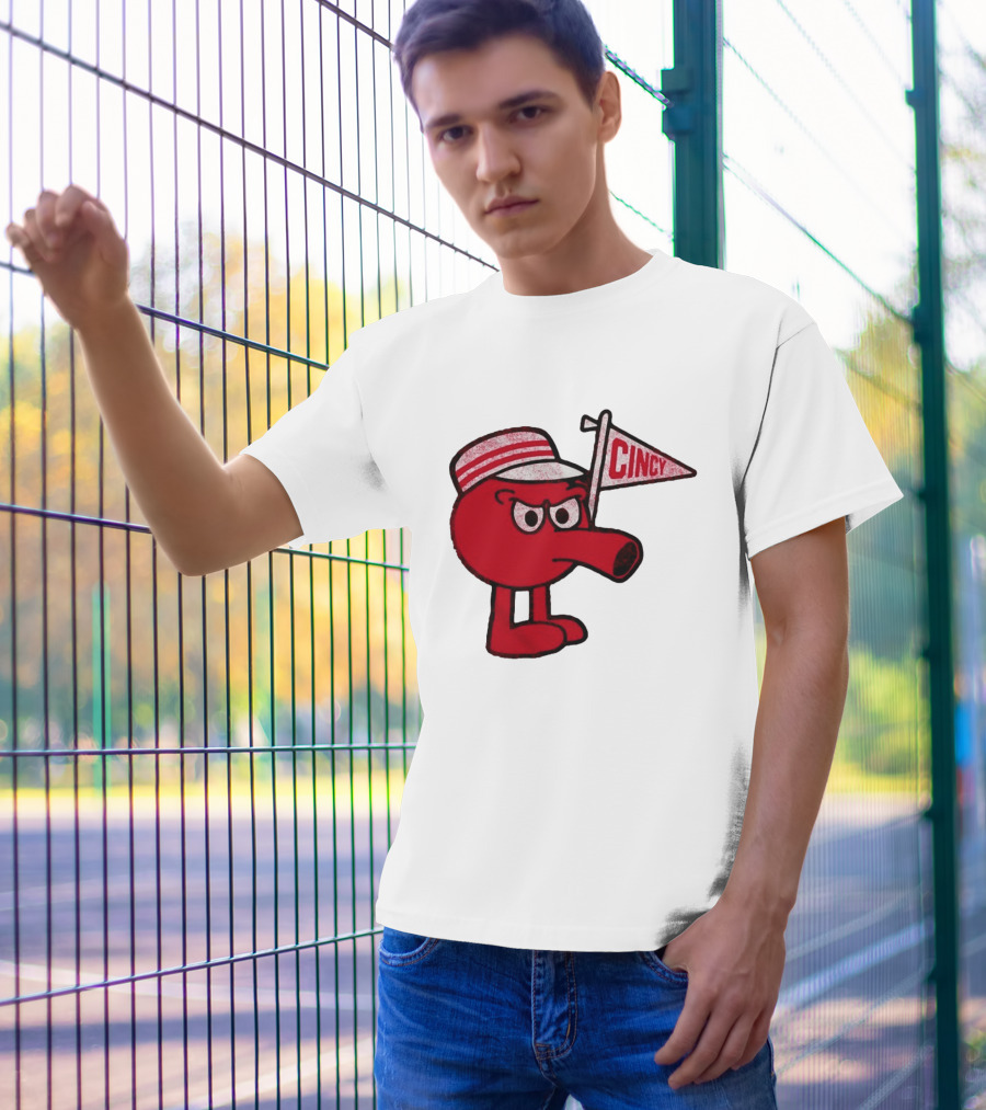 Cincy Redbert Cartoon Character With Striped Hat And Flag T-Shirt