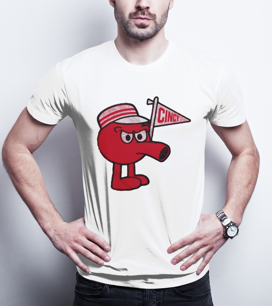 Cincy Redbert Cartoon Character With Striped Hat And Flag T-Shirt