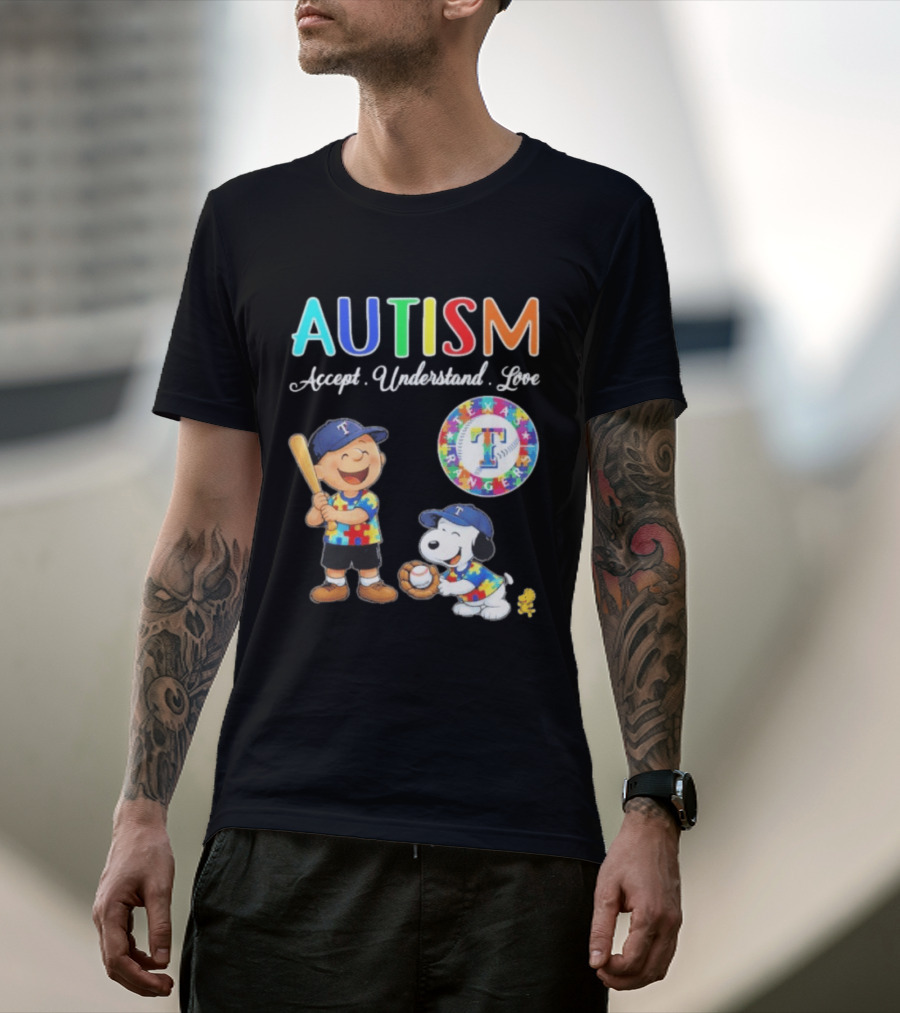 Peanuts Texas Rangers Autism Accept Understand Love Charlie Brown Snoopy T-Shirt