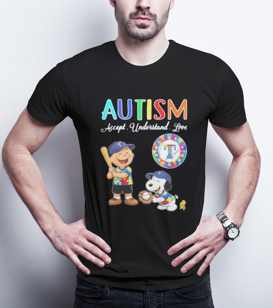 Peanuts Texas Rangers Autism Accept Understand Love Charlie Brown Snoopy T-Shirt
