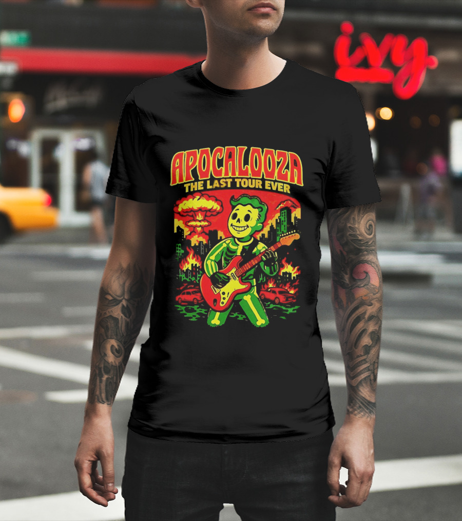 Apocalooza The Last Tour Ever Vault Boy Guitar Explosion Scene T-Shirt