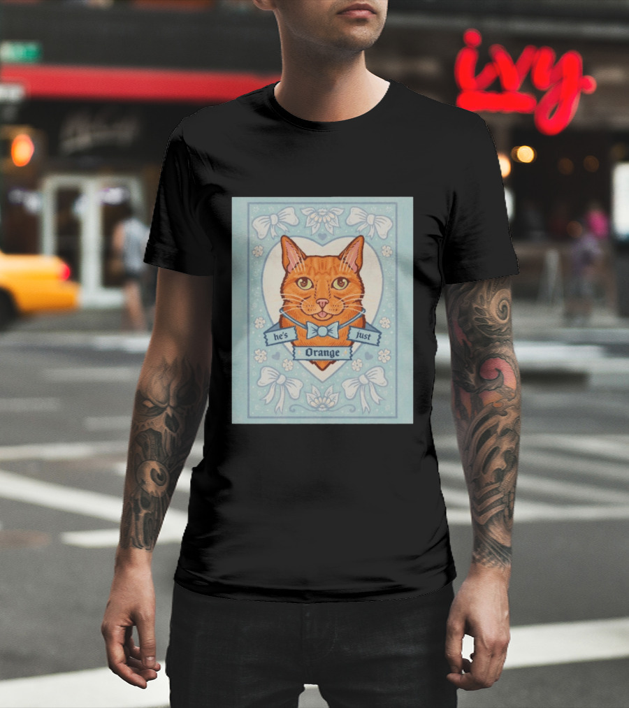 He's Just Orange Cat Floral Bow Blue T-Shirt