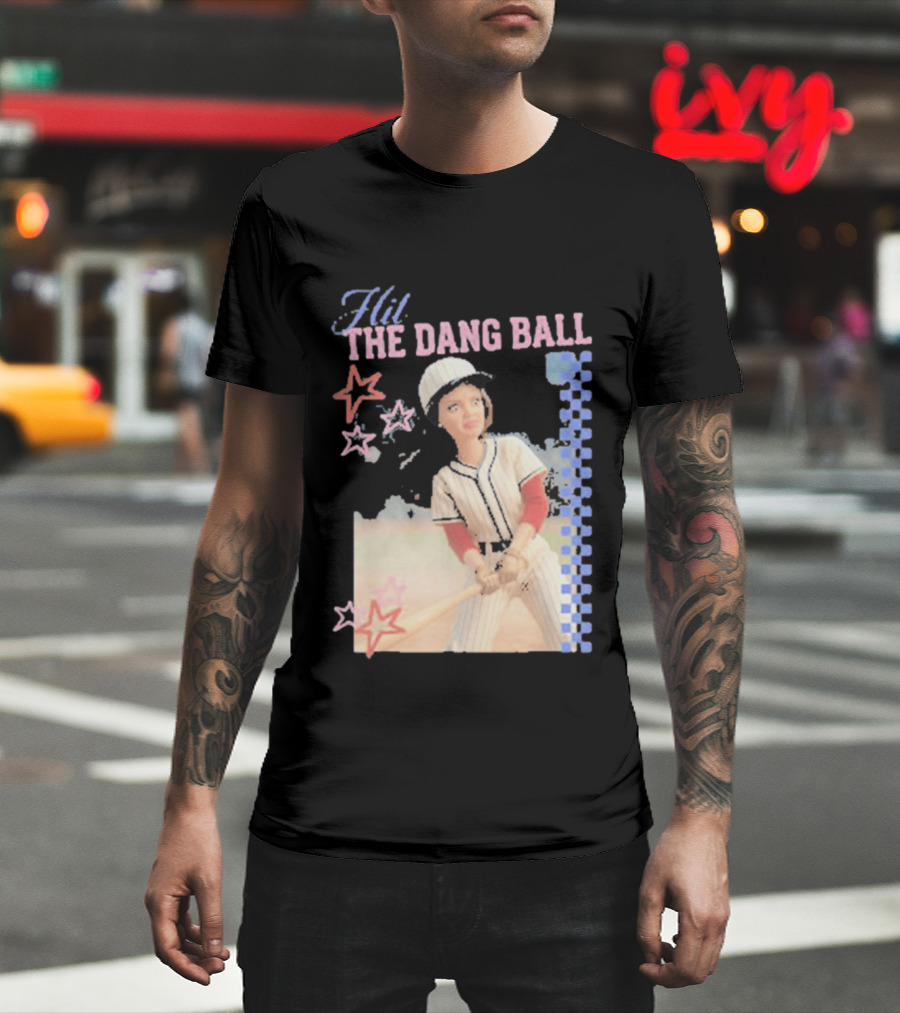 Hit The Dang Ball Vintage Baseball Player With Stars And Blue Checkerboard T-Shirt