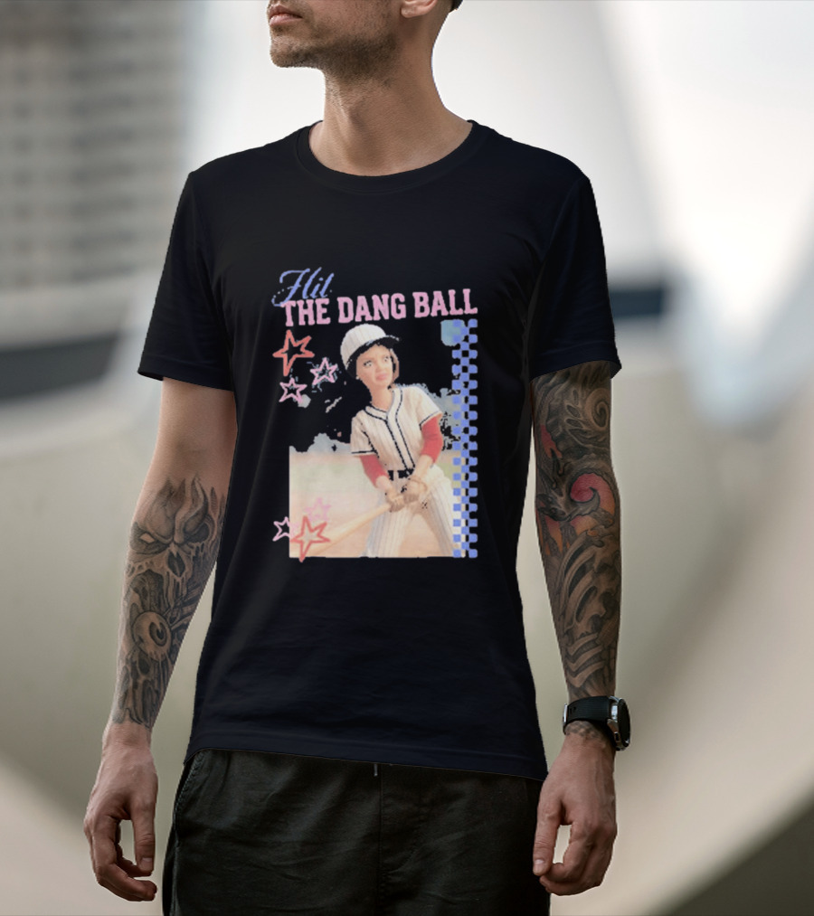 Hit The Dang Ball Vintage Baseball Player With Stars And Blue Checkerboard T-Shirt