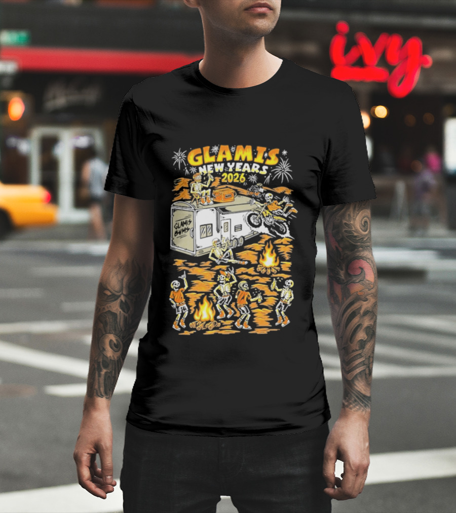 Glamis New Years 2026 Skeletons Campfire Celebration With Motorbike And Fireworks T-Shirt