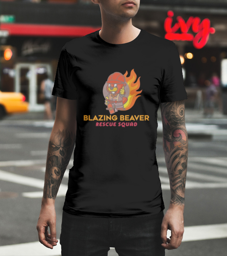 Blazing Beaver Rescue Squad Firefighter Cartoon With Flames T-Shirt