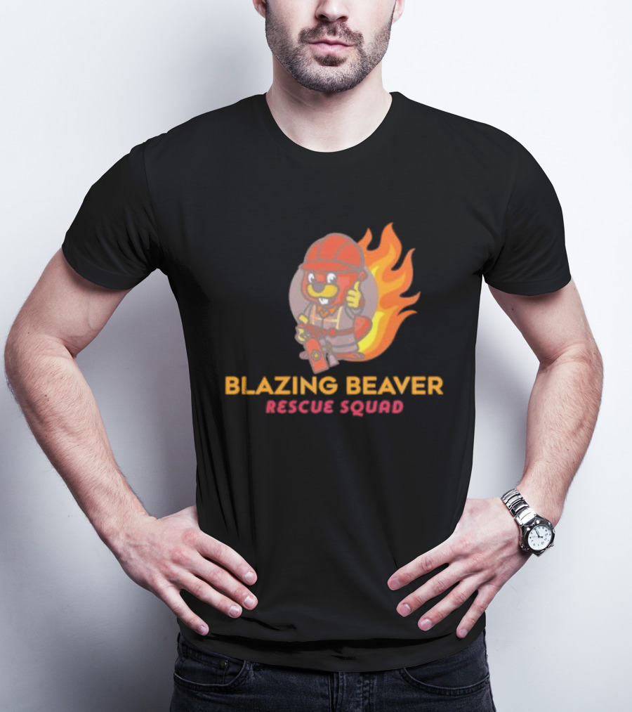 Blazing Beaver Rescue Squad Firefighter Cartoon With Flames T-Shirt