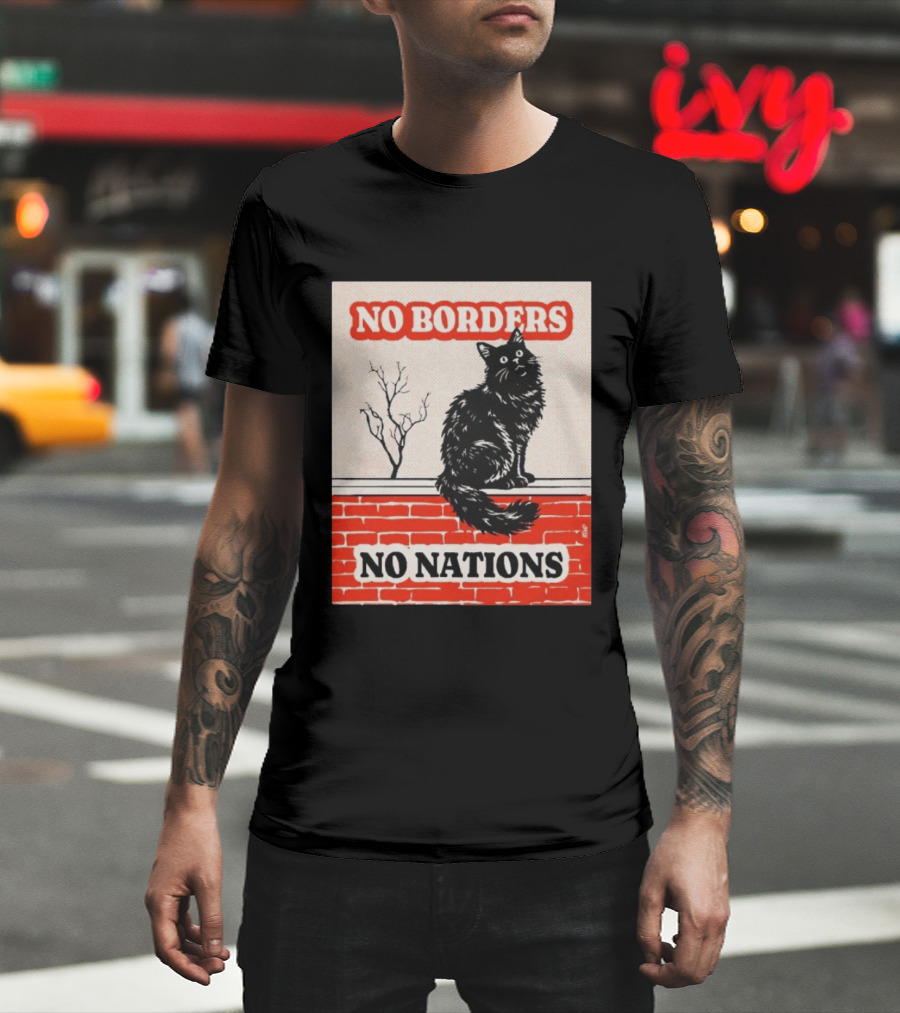 No Borders No Nations Cat Black Feline On Brick Wall T-Shirt