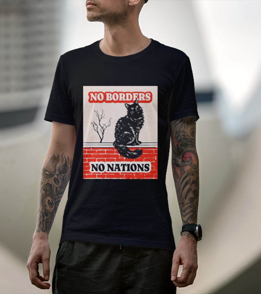No Borders No Nations Cat Black Feline On Brick Wall T-Shirt