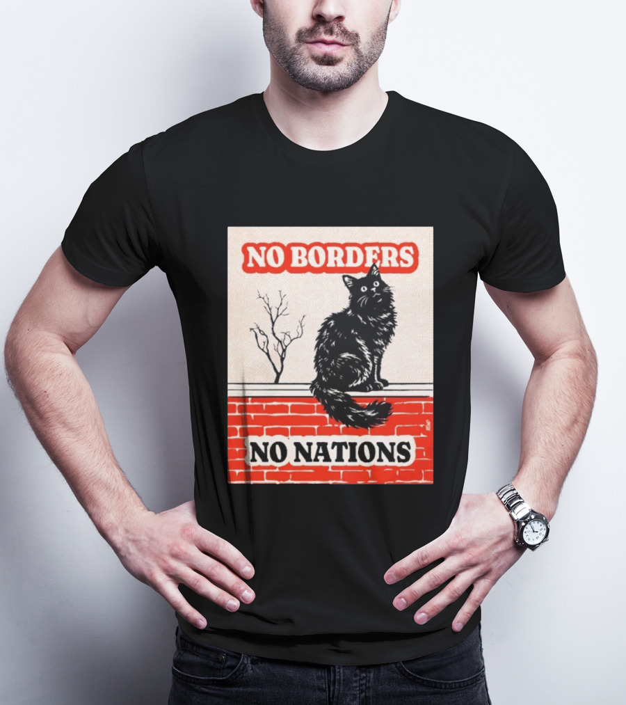 No Borders No Nations Cat Black Feline On Brick Wall T-Shirt