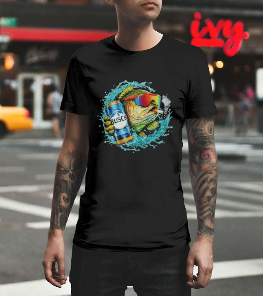 Busch Beer Fish With Sunglasses And Cigarette Splashing Water T-Shirt
