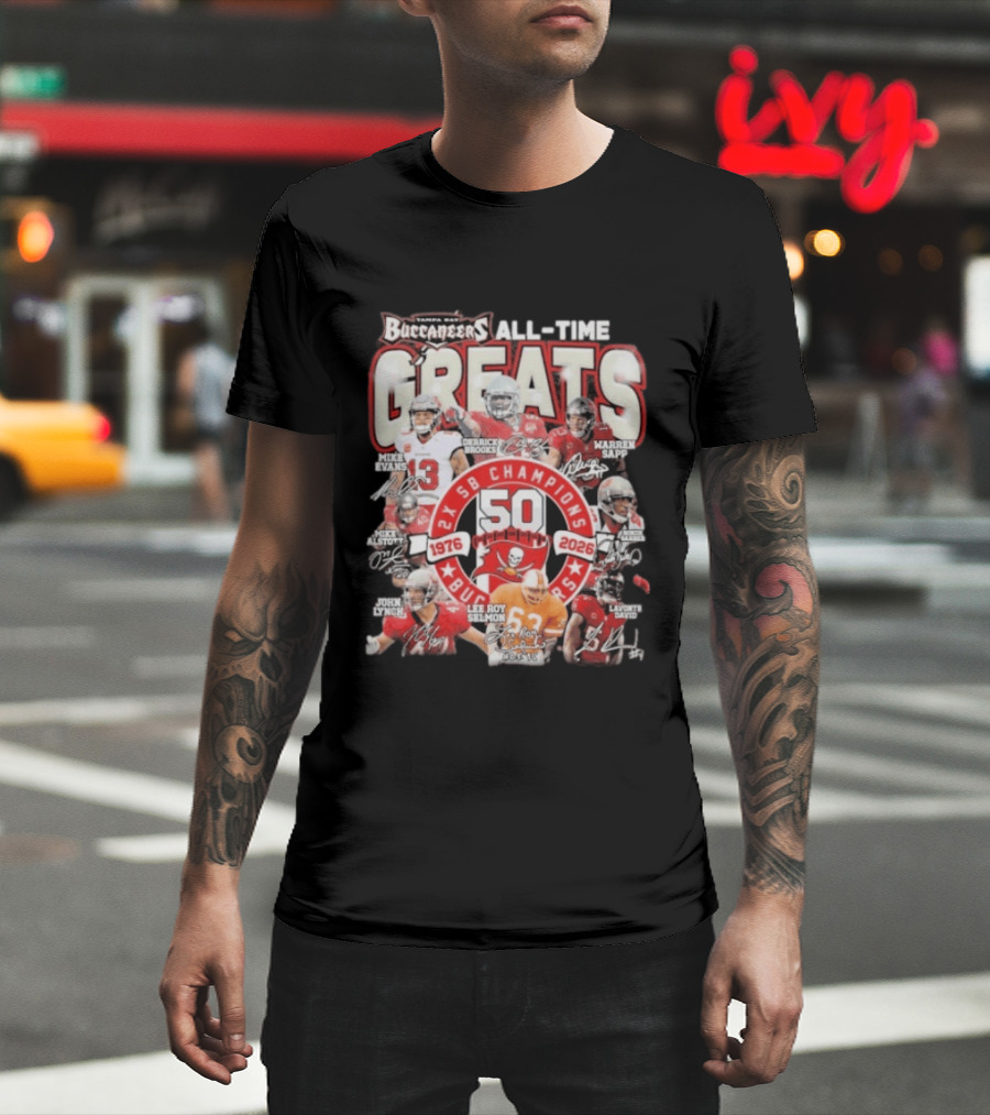 Tampa Bay Buccaneers All Time Greats 50th Anniversary 1976 2026 SB Champions T-Shirt