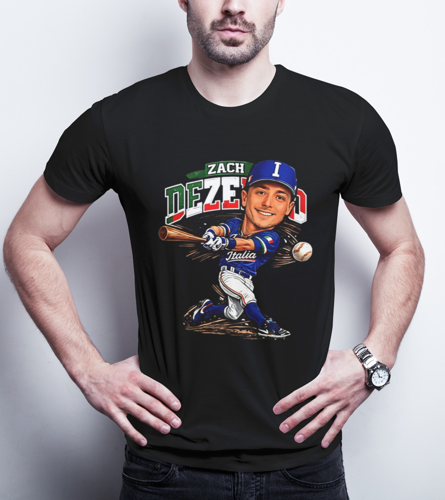 Zach Dezenzo Italia Baseball Classic Caricature Swinging Batter T-Shirt