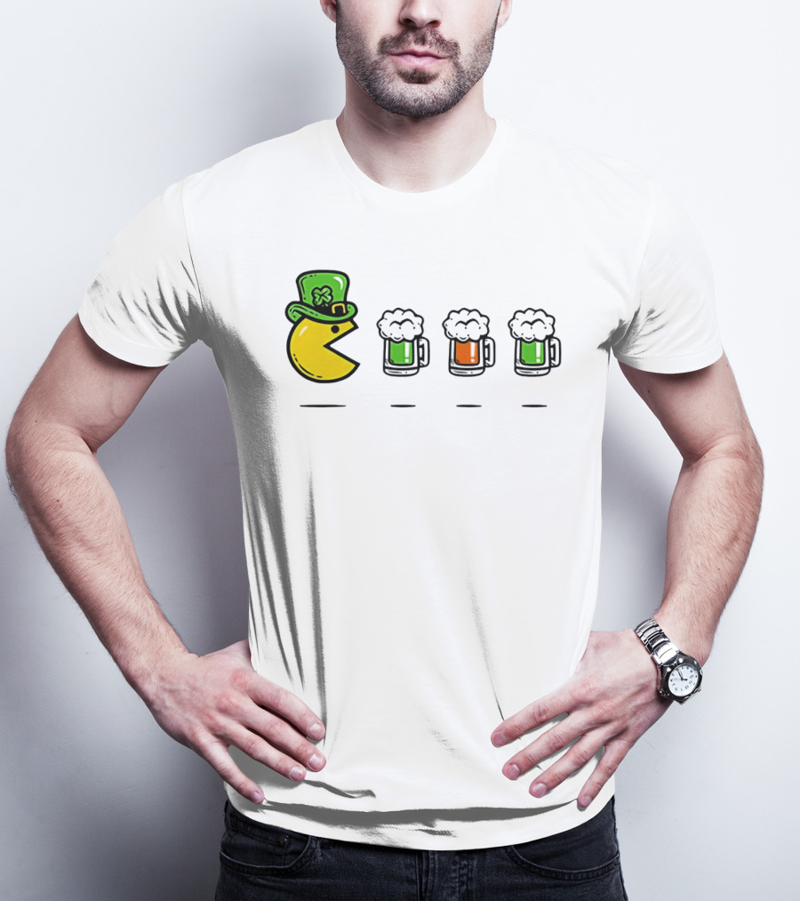 Pac Man St Patrick's Day Leprechaun Hat With Green Beer S T-Shirt