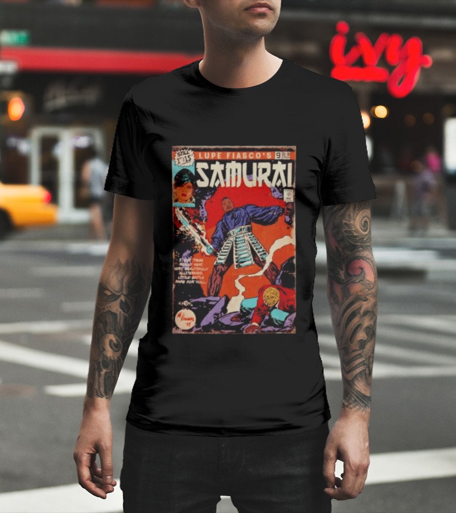 Lupe Fiasco's Samurai Comic Style Issue 9 Cover Art Featuring Fierce Warrior Action And Classic Graphic Novel Vibes T-Shirt