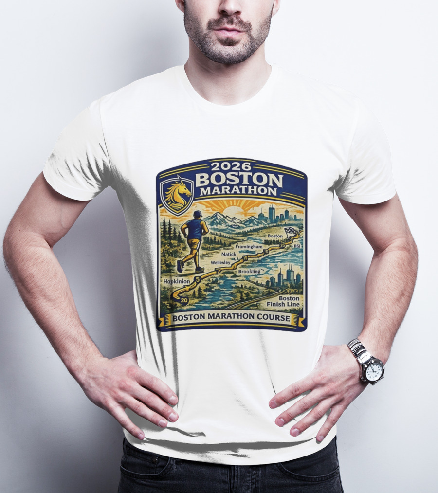 2026 Boston Marathon Course Hopkinton Framingham Natick Wellesley Brookline Finish Line T-Shirt