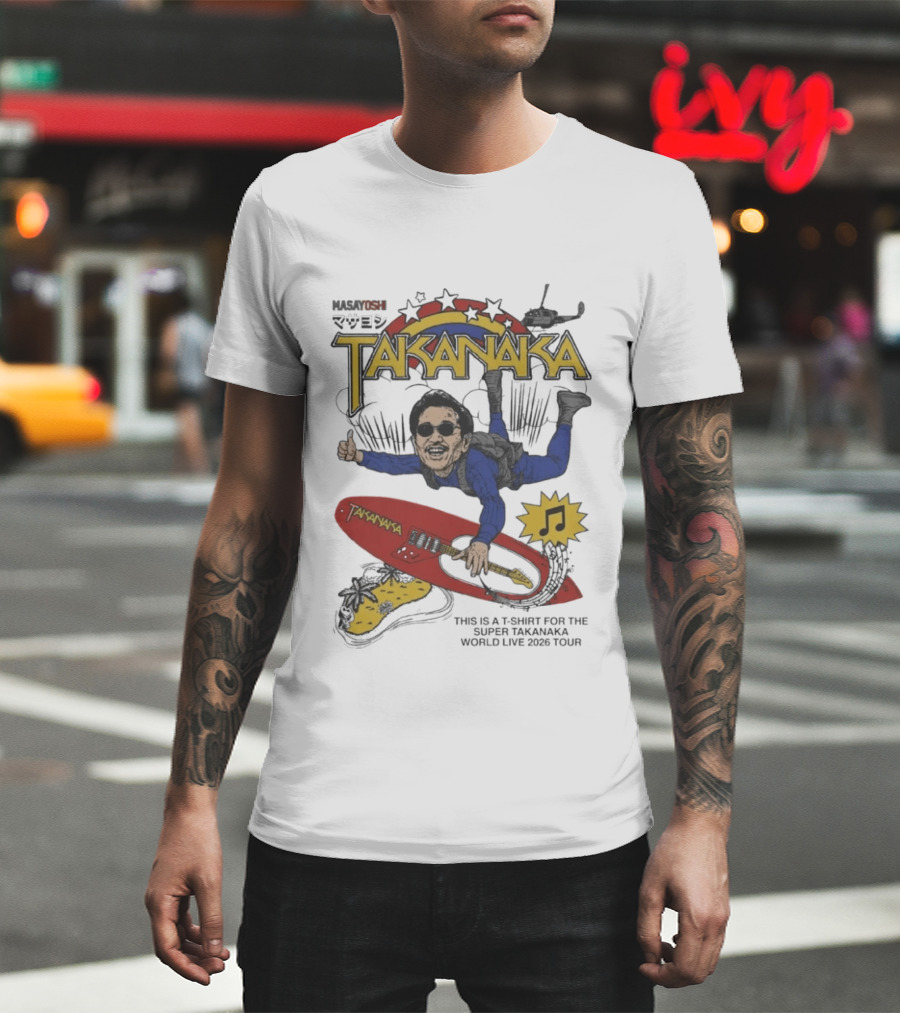 Masayoshi Takanaka Super World Live 2026 Tour Parody With Surfboard And Helicopter T-Shirt
