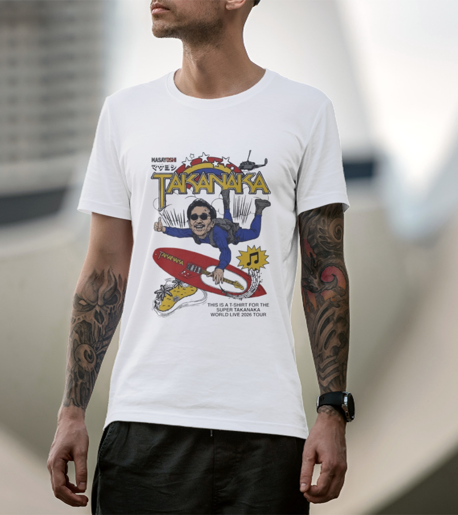 Masayoshi Takanaka Super World Live 2026 Tour Parody With Surfboard And Helicopter T-Shirt
