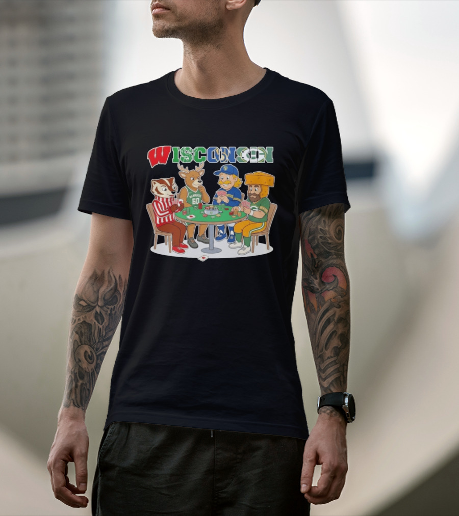 Wisconsin Sports Mascots Playing Poker With Packers Brewers And Bucks Themes T-Shirt