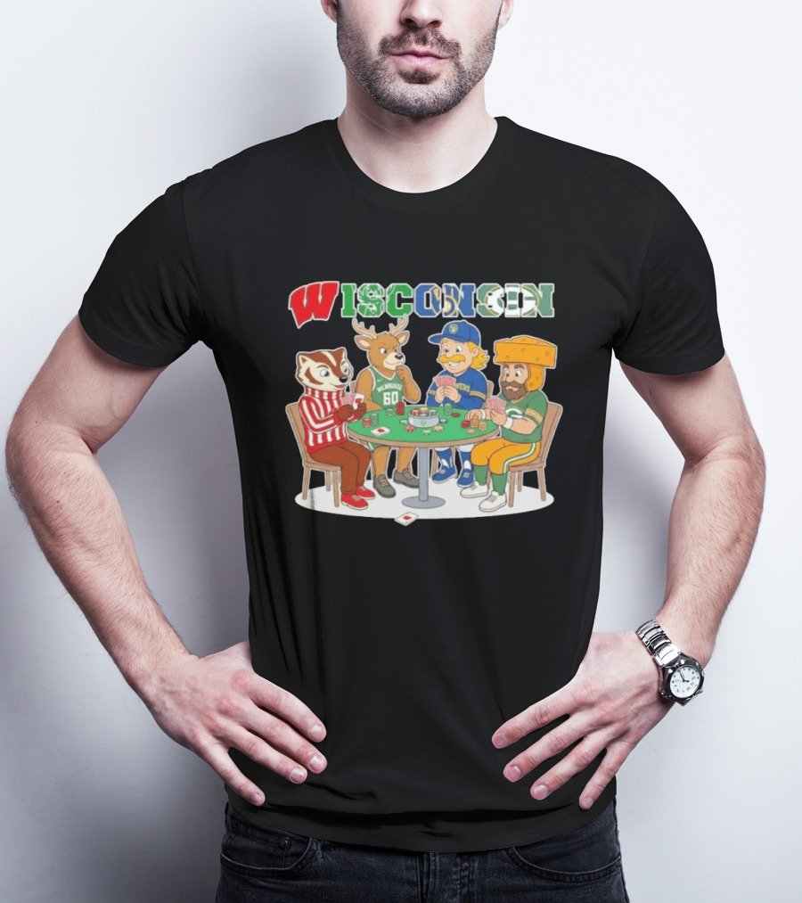 Wisconsin Sports Mascots Playing Poker With Packers Brewers And Bucks Themes T-Shirt