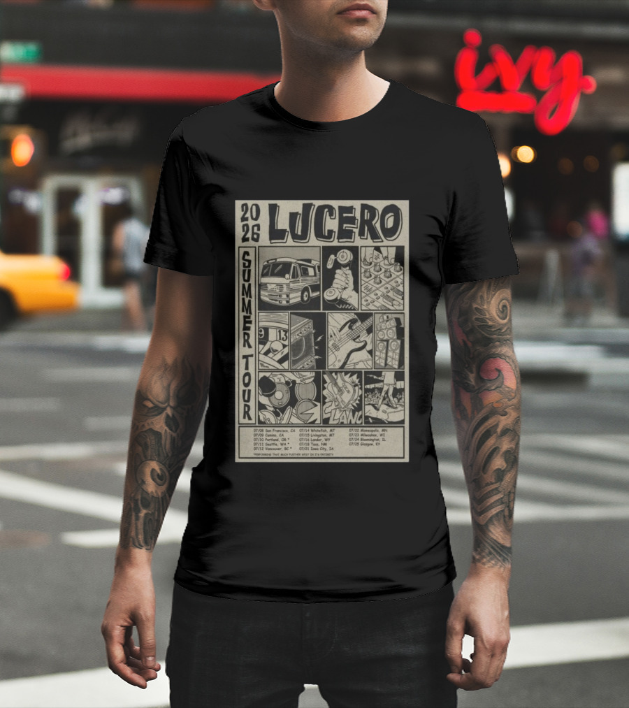 2026 Lucero Summer Tour Dates Featuring Vintage Comic Style With Iconic Band Imagery And Tour Stops T-Shirt