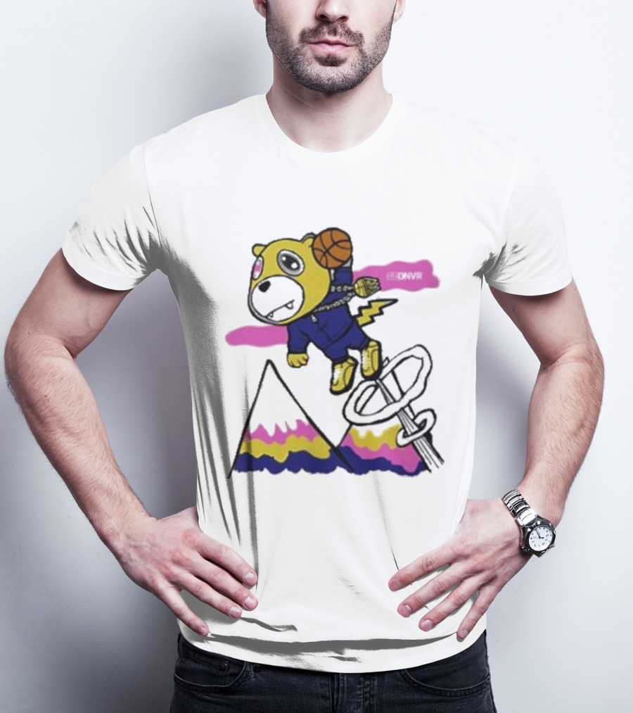 Dnvr Flying Basketball Mascot In Colorful Mountain Scene With Bicycle And Lightning T-Shirt