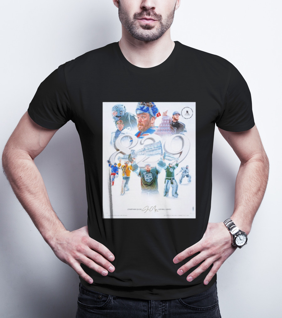 Jonathan Quick 829 NHL Games Collage With Stanley Cup Images T-Shirt