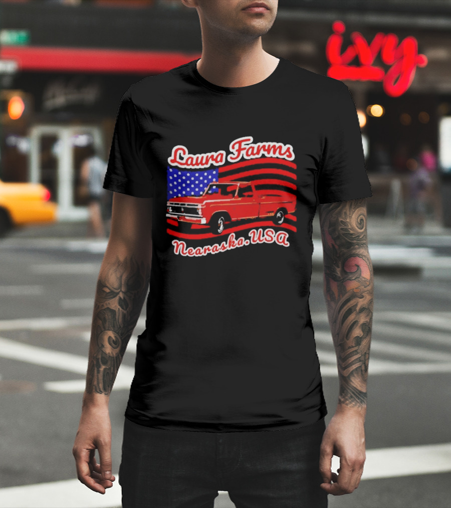 Laura Farms Nebraska USA Vintage Truck American Flag T-Shirt