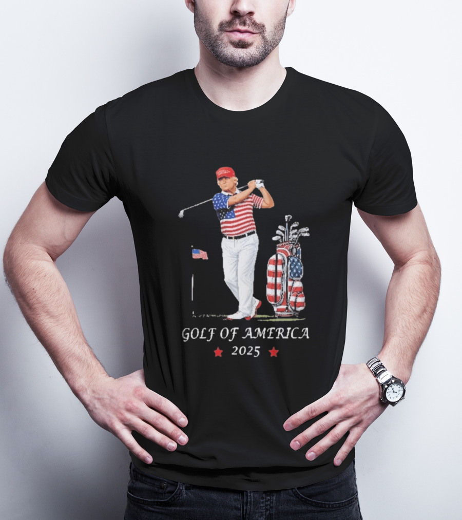GOLF OF AMERICA 2025 Trump Red Cap Stars Stripes Golf Bag T-Shirt