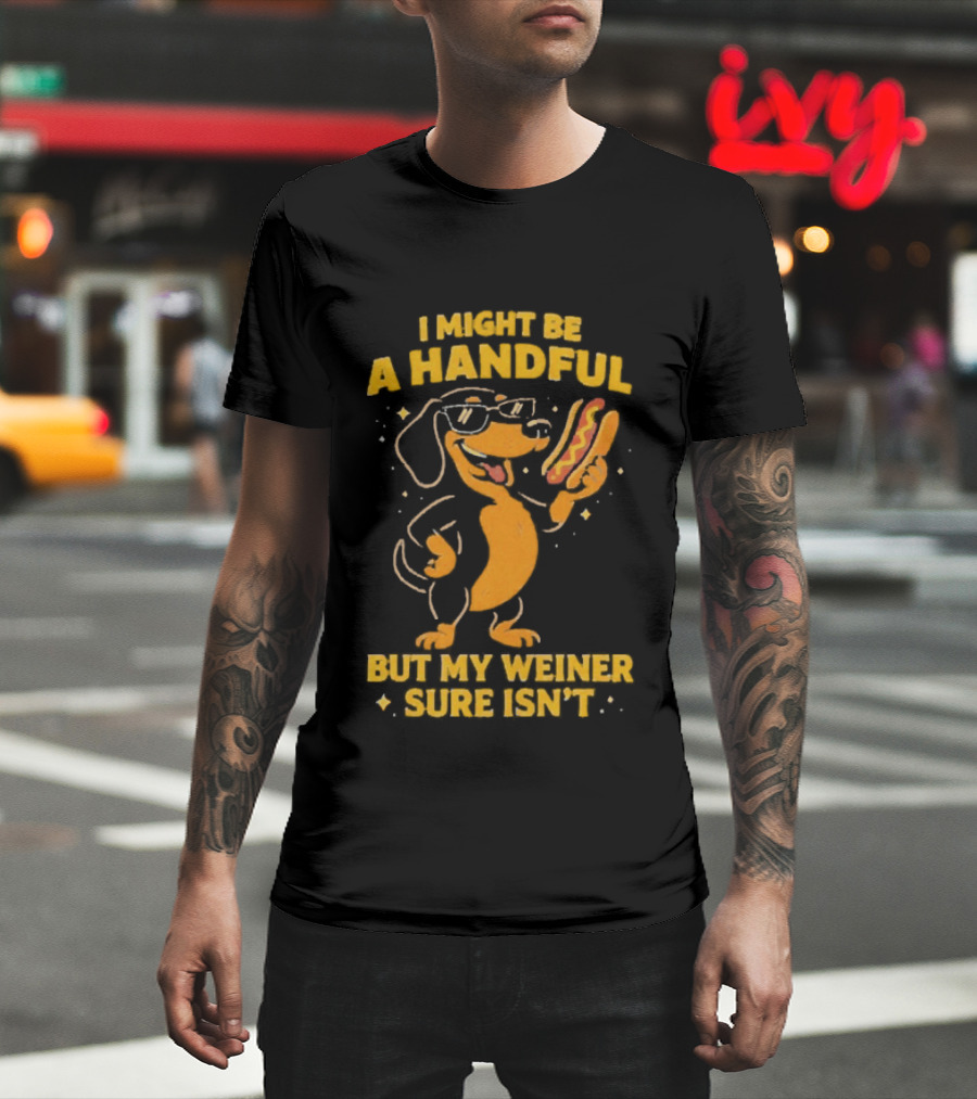 I Might Be A Handful But My Weiner Sure Isn't Hotdog Dog Wearing Glasses Holding Hotdog T-Shirt