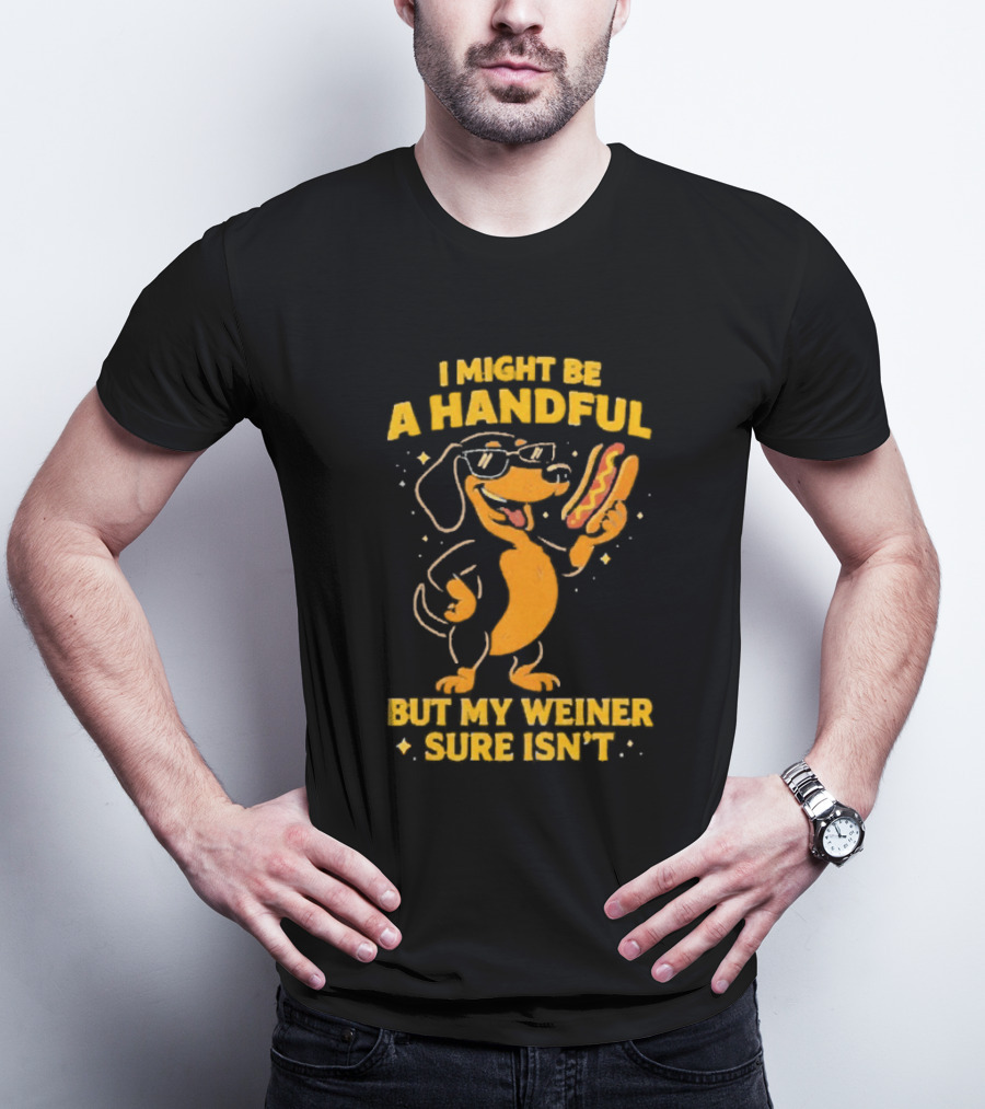 I Might Be A Handful But My Weiner Sure Isn't Hotdog Dog Wearing Glasses Holding Hotdog T-Shirt