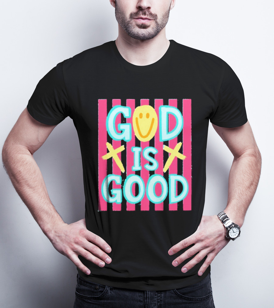 God Is Good Smiley Face Crosses Pink Stripes T-Shirt