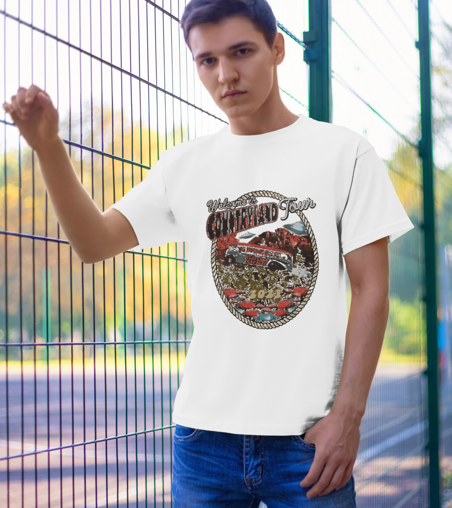 Welcome To Countryland Tour 2021 Flatland Cavalry Bus And Desert Scene T-Shirt