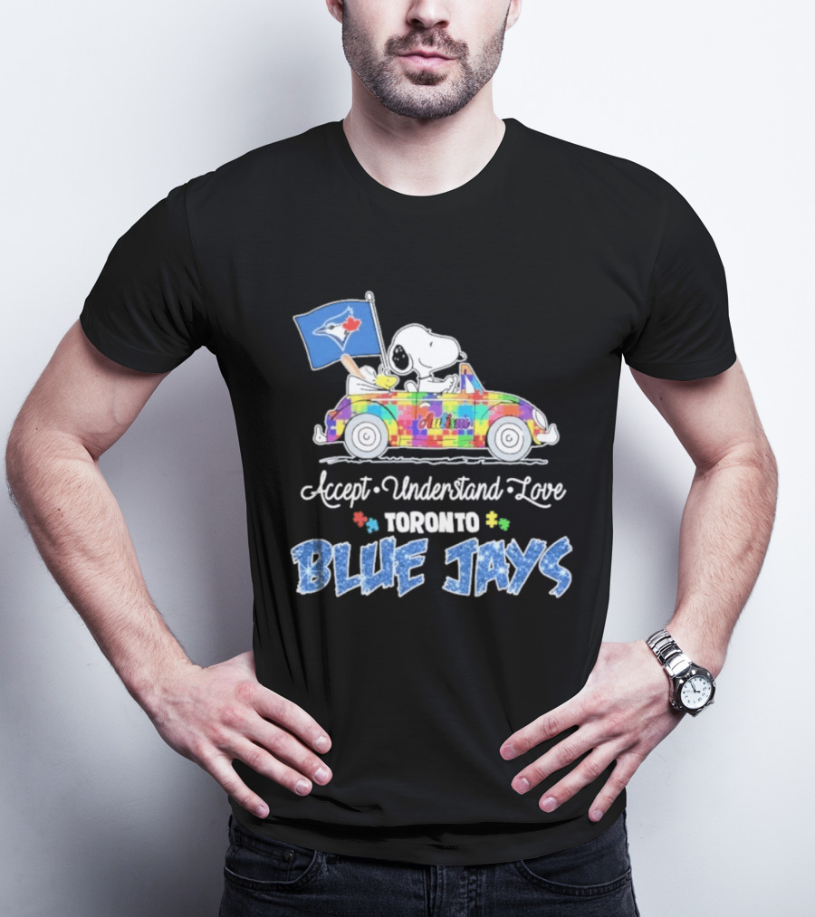 Snoopy Woodstock Driving Car Toronto Blue Jays Autism Awareness Accept Understand Love T-Shirt