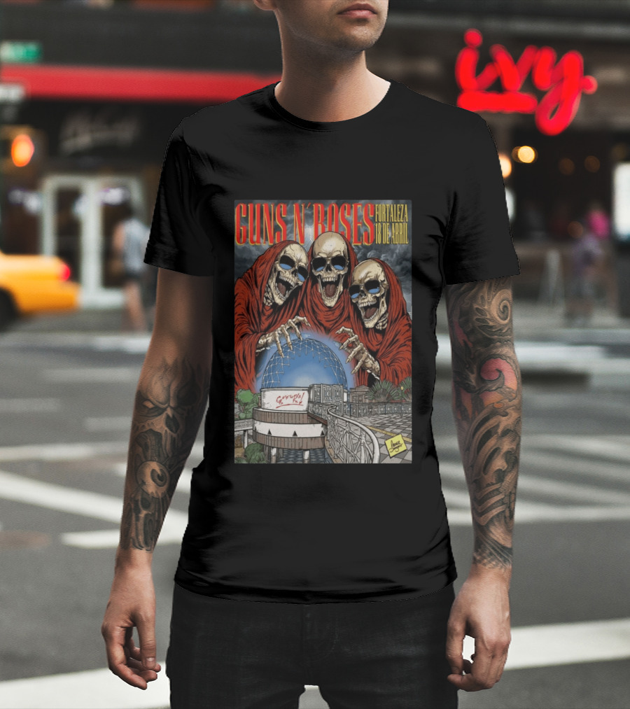 Guns N' Roses Fortaleza 18 De Abril Skeleton Red Hooded Figures Concert T-Shirt