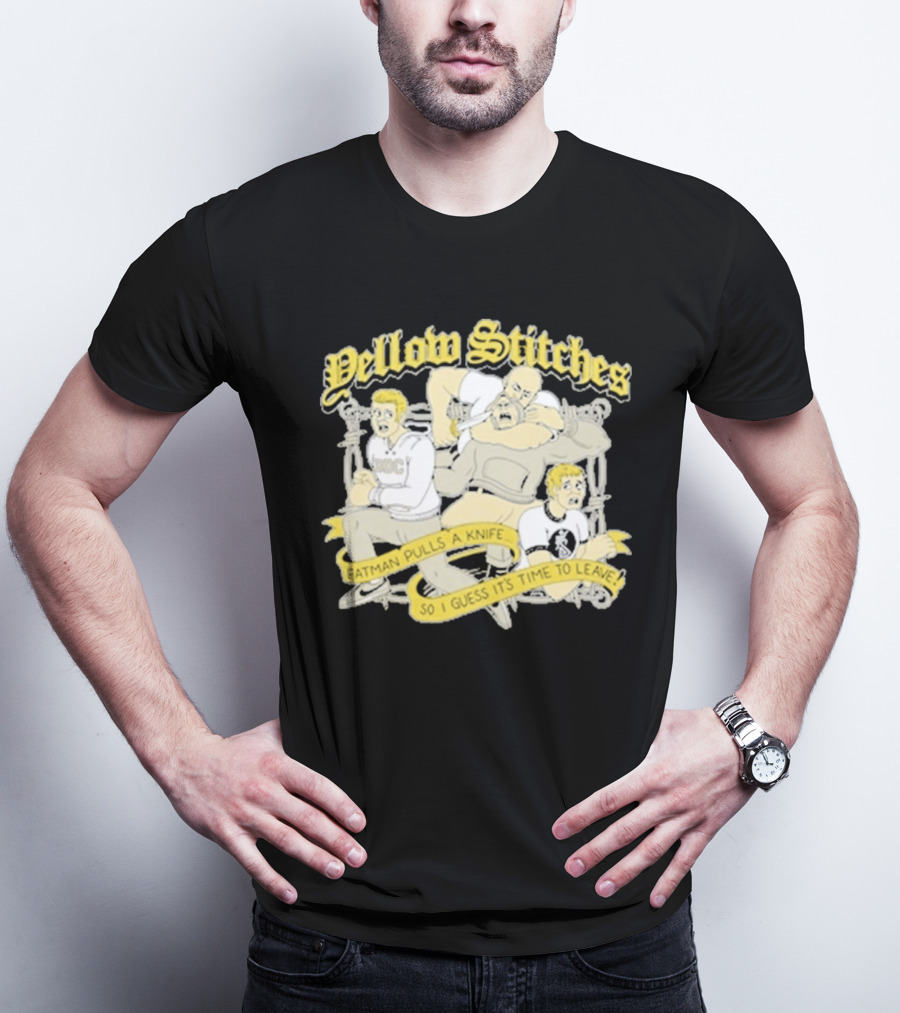 Yellow Stitches Friends Family Forever ROC Fatman Pulls A Knife T-Shirt