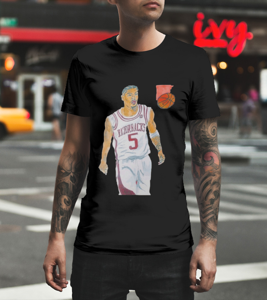 Arkansas Razorbacks Basketball Darius Acuff Jr. Caricature Player Number 5 T-Shirt