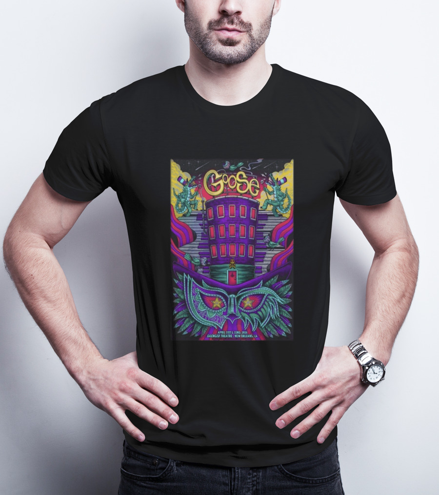 Goose Saenger Theatre New Orleans LA April 21 22 2026 Mardi Gras Gators Mask Art Deco T-Shirt
