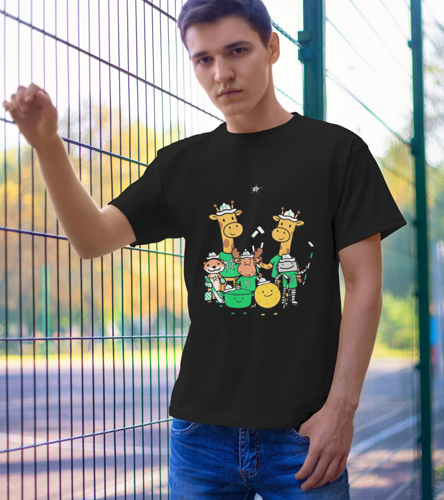 Dallas Stars Cartoon Characters Family Fun With Giraffe Moose Dog Bear And Cat T-Shirt