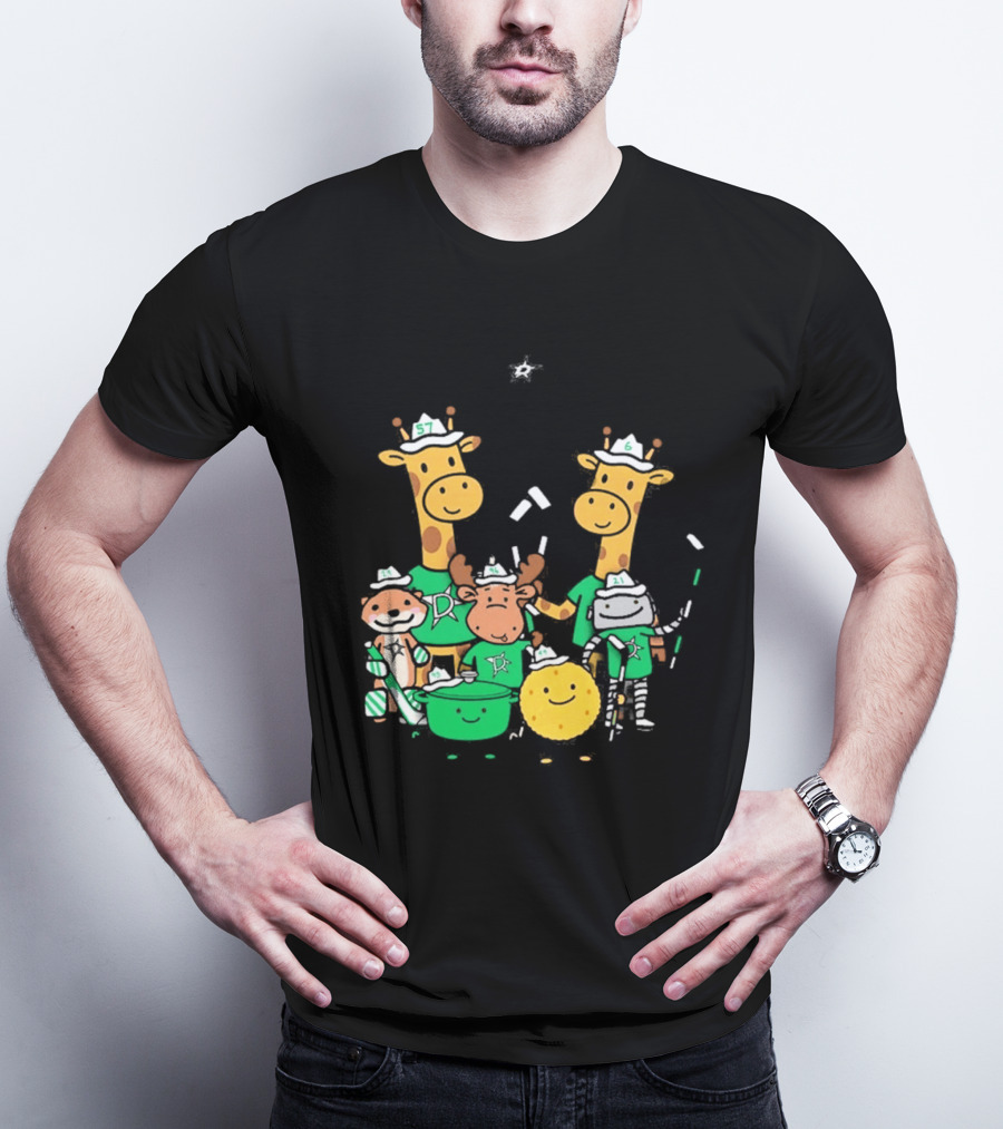 Dallas Stars Cartoon Characters Family Fun With Giraffe Moose Dog Bear And Cat T-Shirt