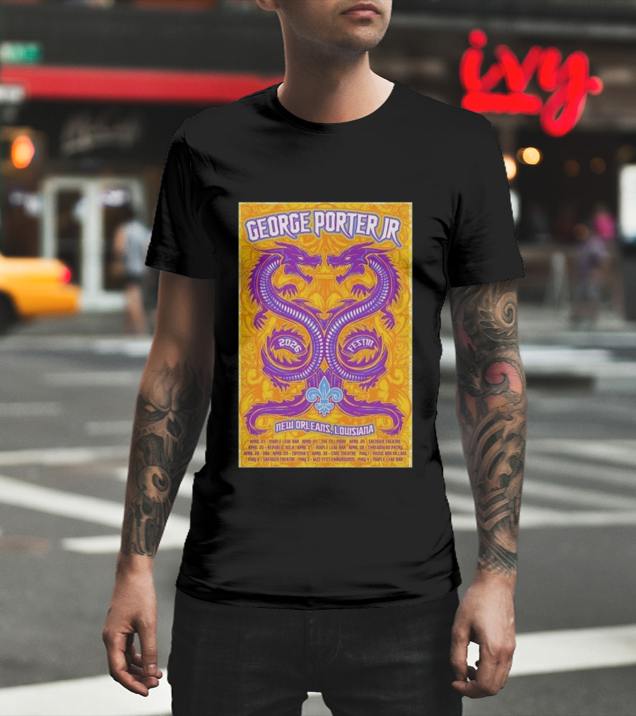 George Porter JR 2026 Fest In New Orleans Louisiana With Dragons And Fleur De Lis T-Shirt