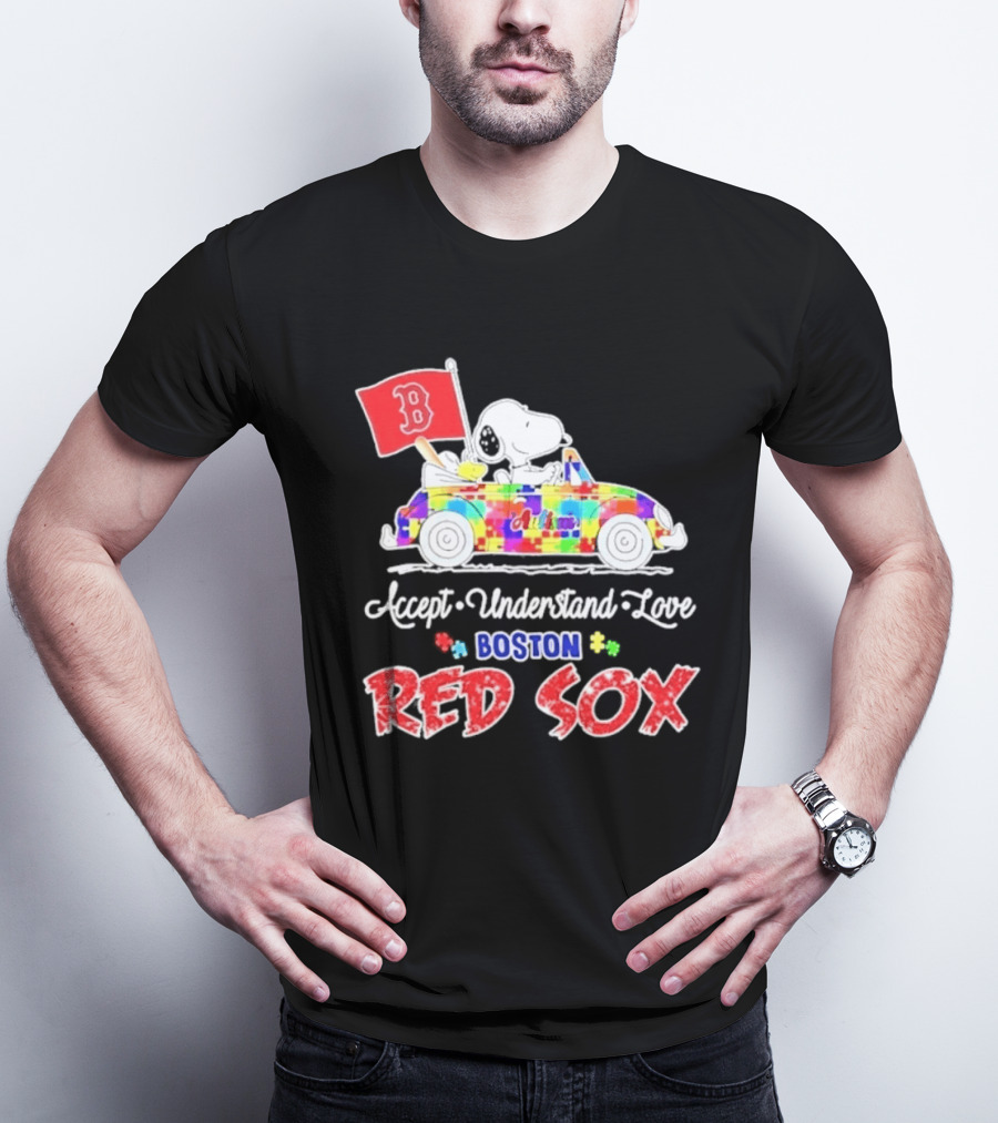 Snoopy Woodstock Boston Red Sox Driving Car Autism Awareness Accept Understand Love 2026 T-Shirt